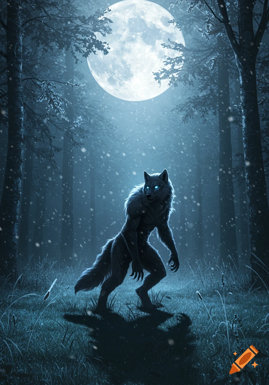 Two girls with flashlights look at two bipedal humanoid wolves in a ...