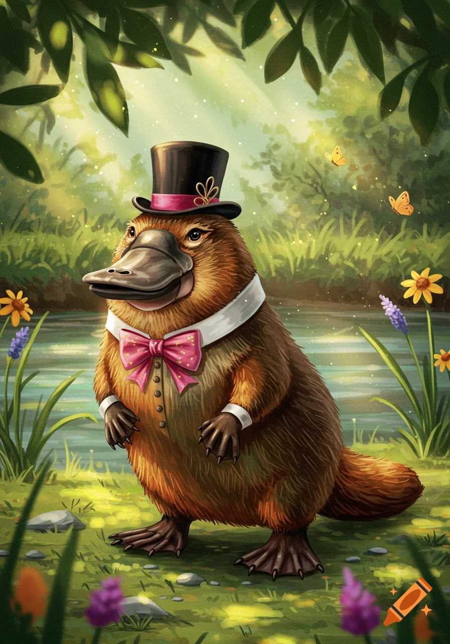 A whimsical illustration of a dapper platypus wearing a top hat and ...