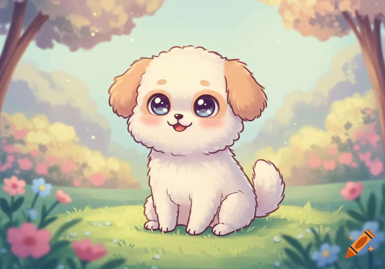 A cute cartoon golden retriever puppy with big blue eyes smiles while ...