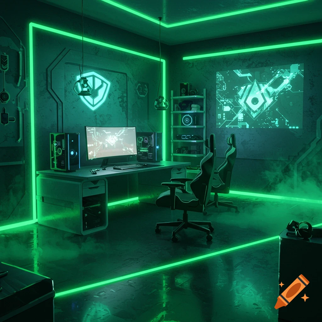 A futuristic green gaming room with neon lights, two gaming chairs, a ...