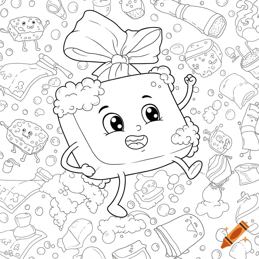 Black and white coloring book illustration of a cheerful cartoon soap ...