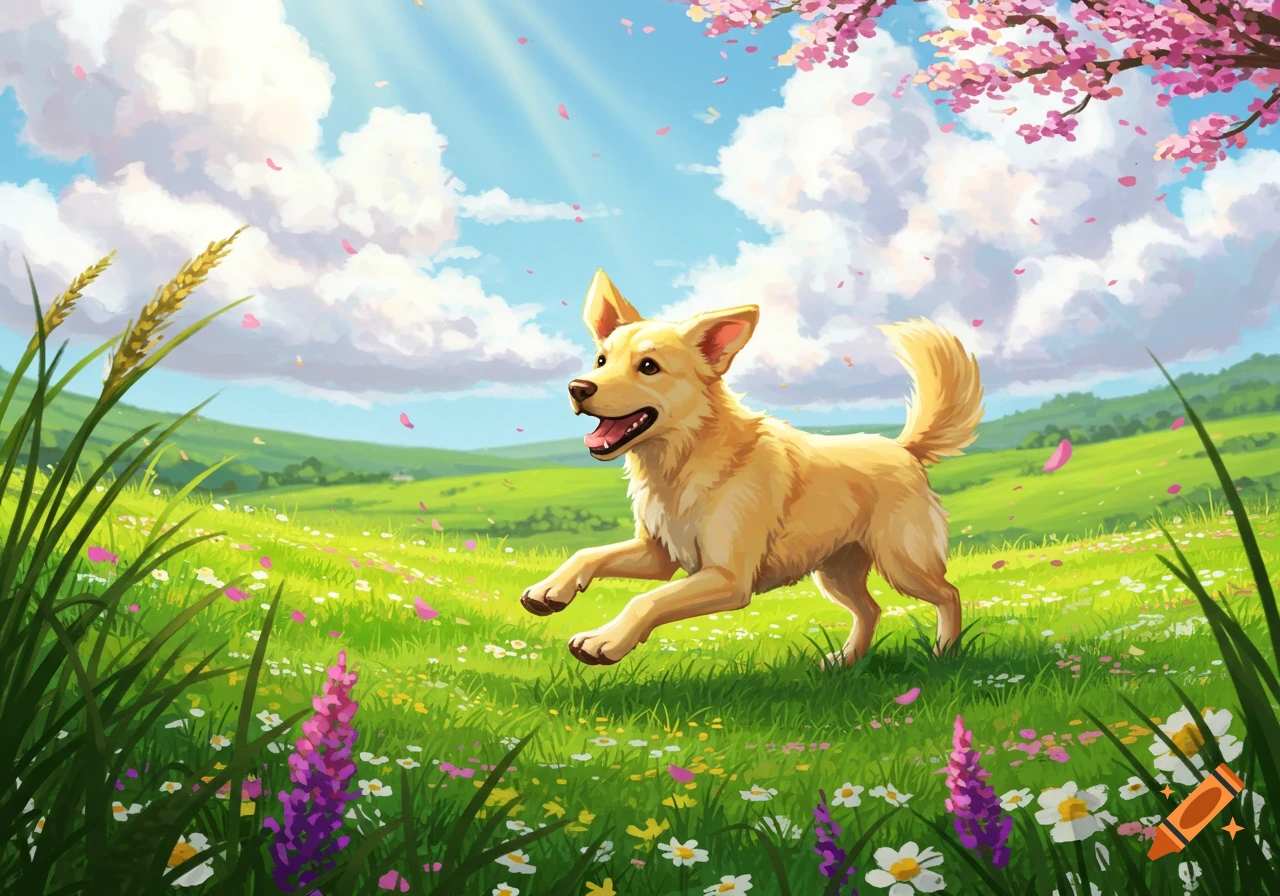 A cartoon dog with giant ears flies over a vibrant green meadow filled ...