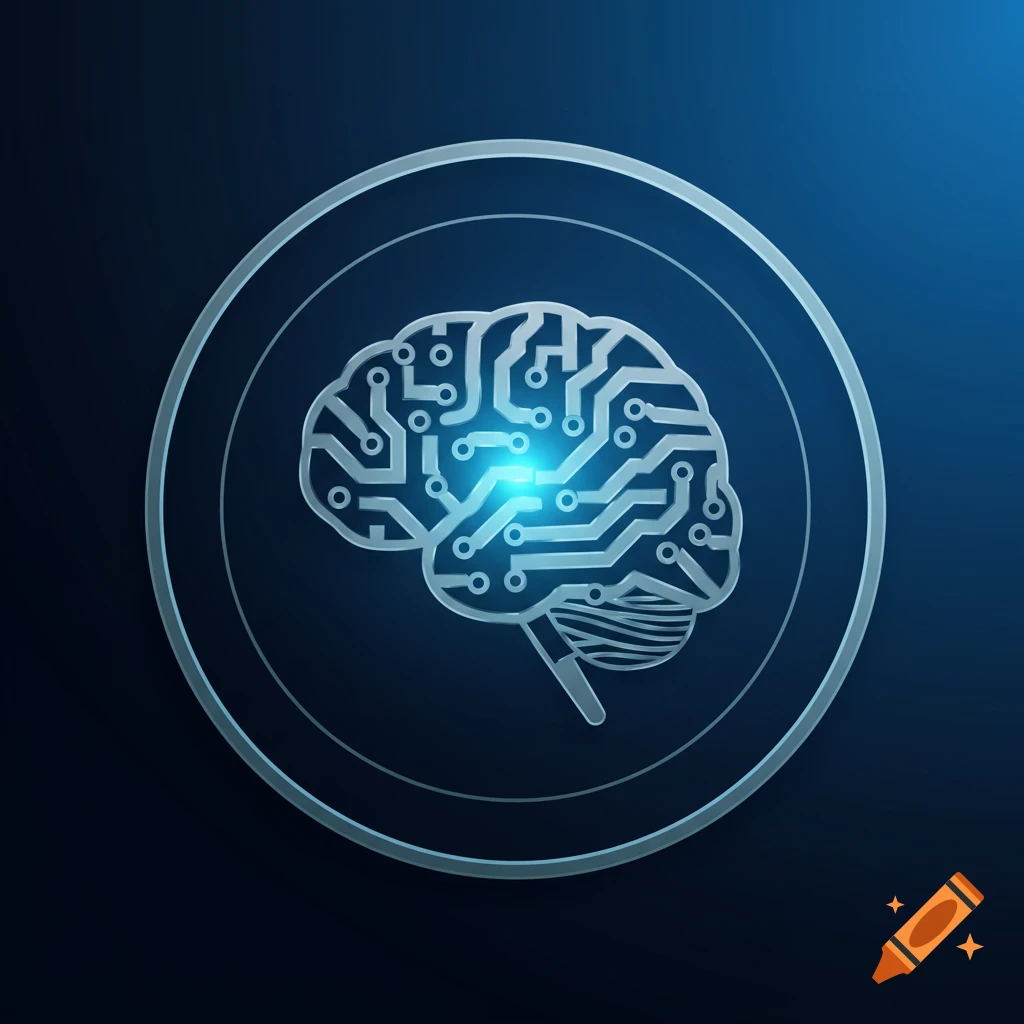 A two-toned blue brain icon stylized with circuit board lines, labeled ...