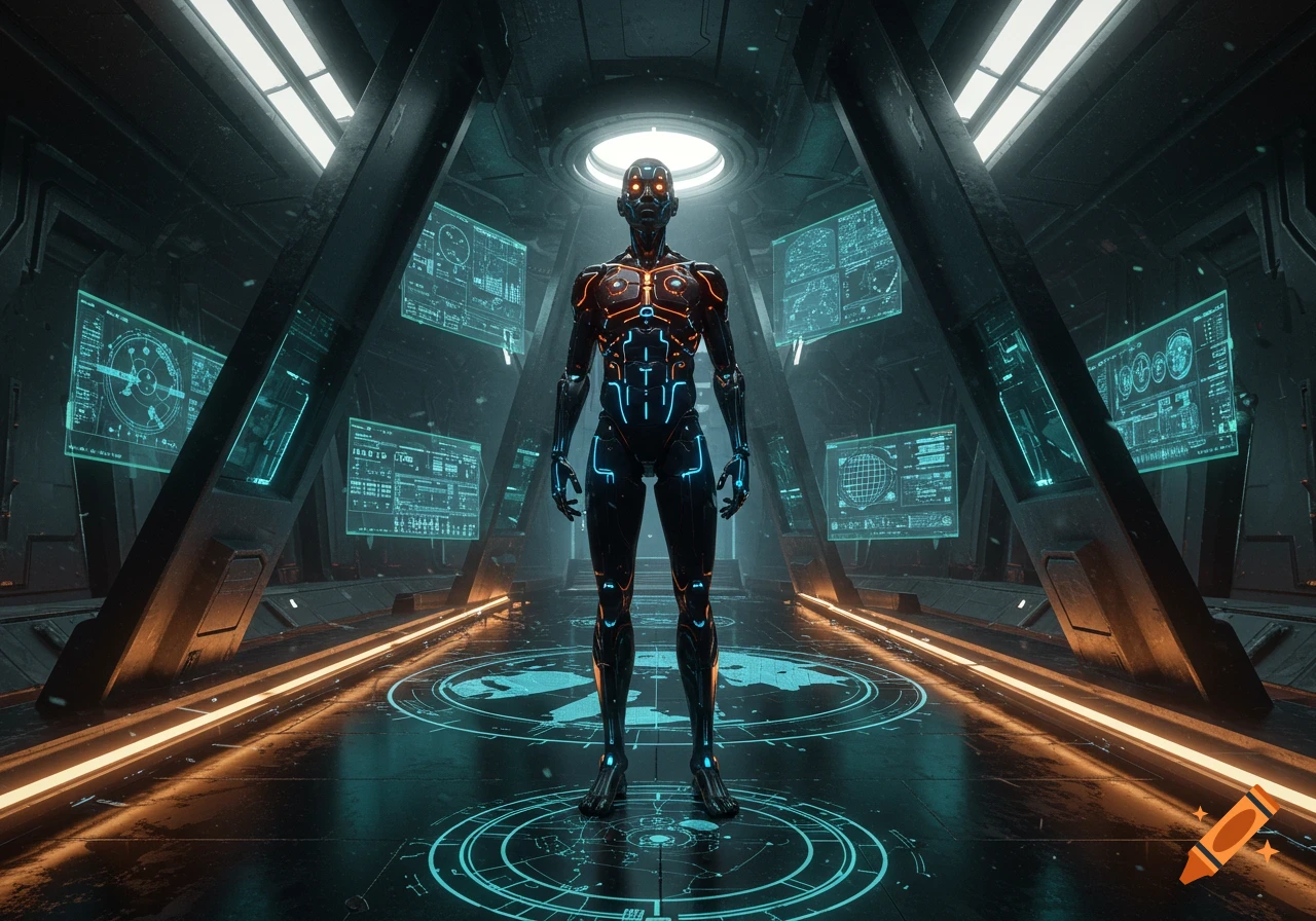 A metallic humanoid figure with internal red wiring stands between two ...