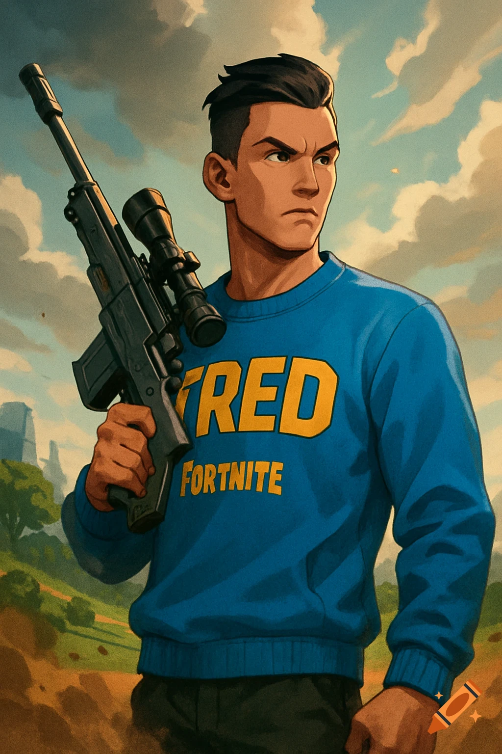 A shirtless Donald Trump stands in a desert holding a large silver ...