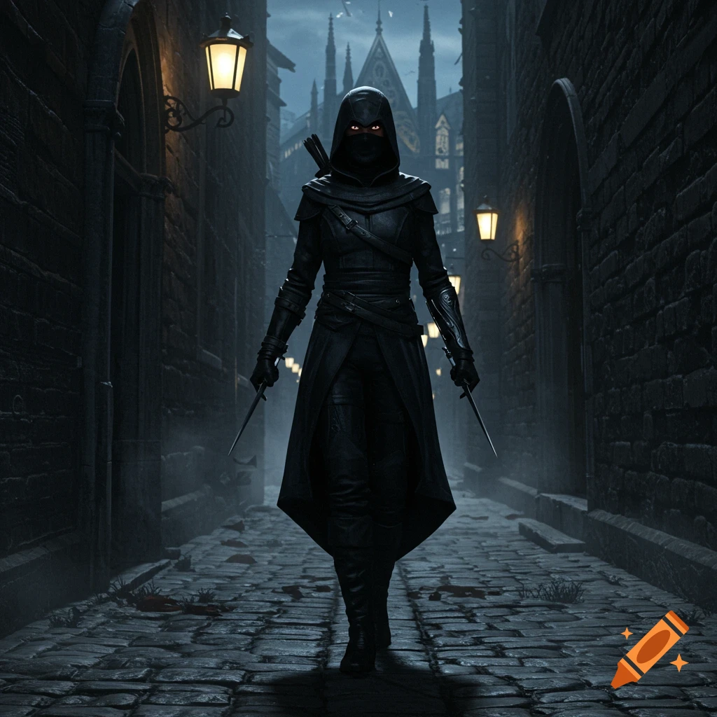 A hooded assassin in dark robes and daggers walks down a dark, wet ...