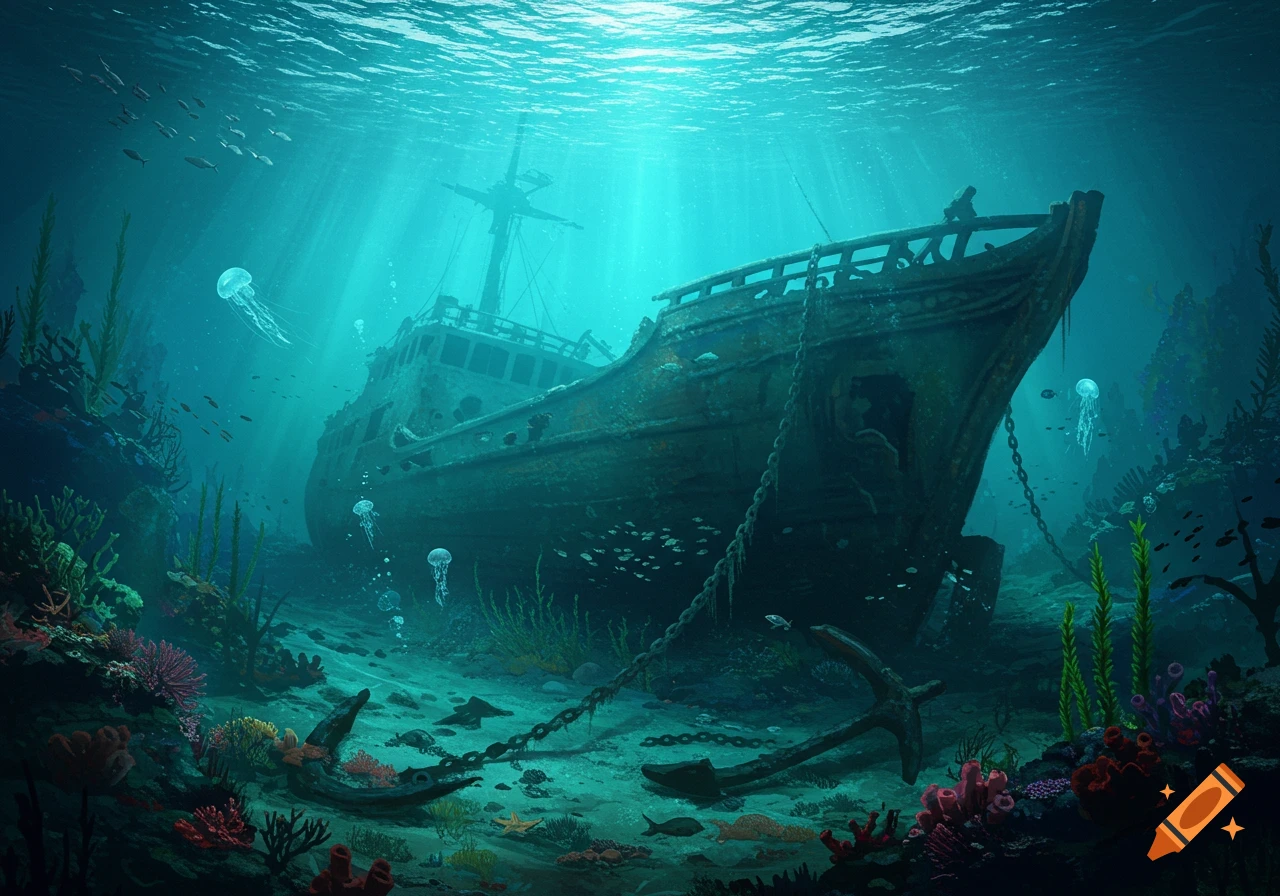 A detailed steampunk submarine with a periscope underwater, surrounded ...