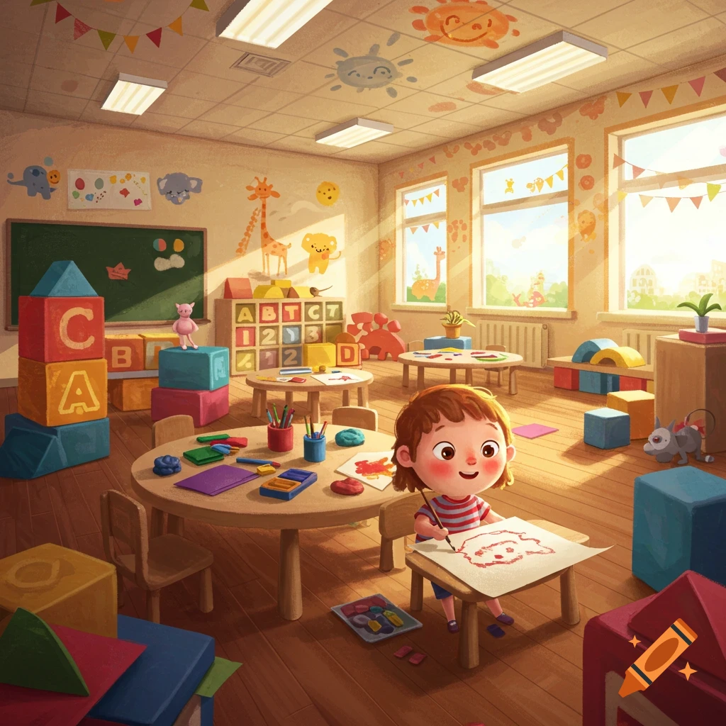 A whimsical kindergarten classroom with a smiling girl among colorful ...