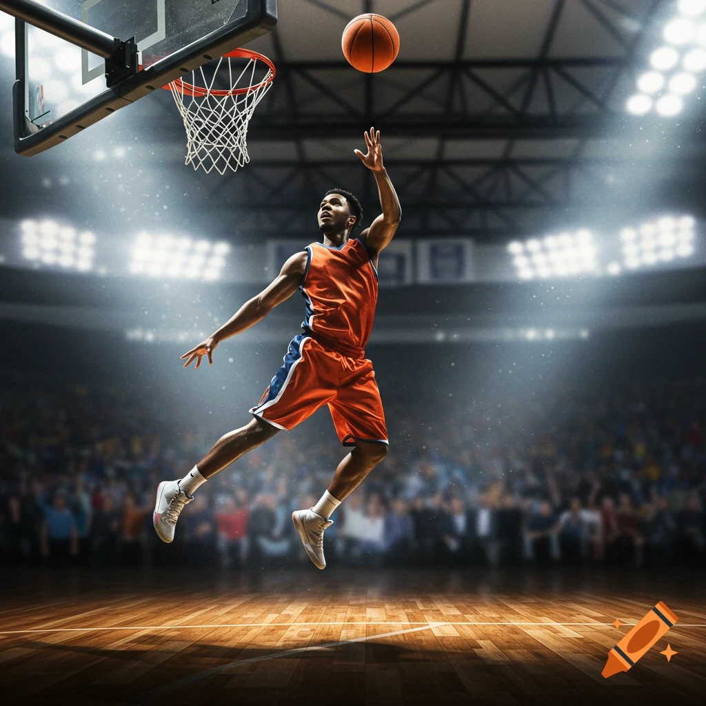 A person with Down Syndrome dunking a basketball and sticking out their tongue in a gym. on Craiyon