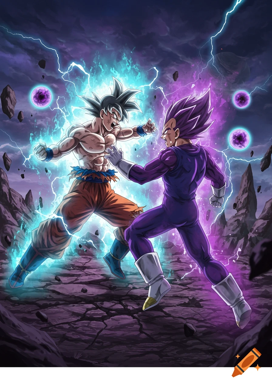 Anime Goku, wearing battle-damaged Vegeta armor, stands with arms ...