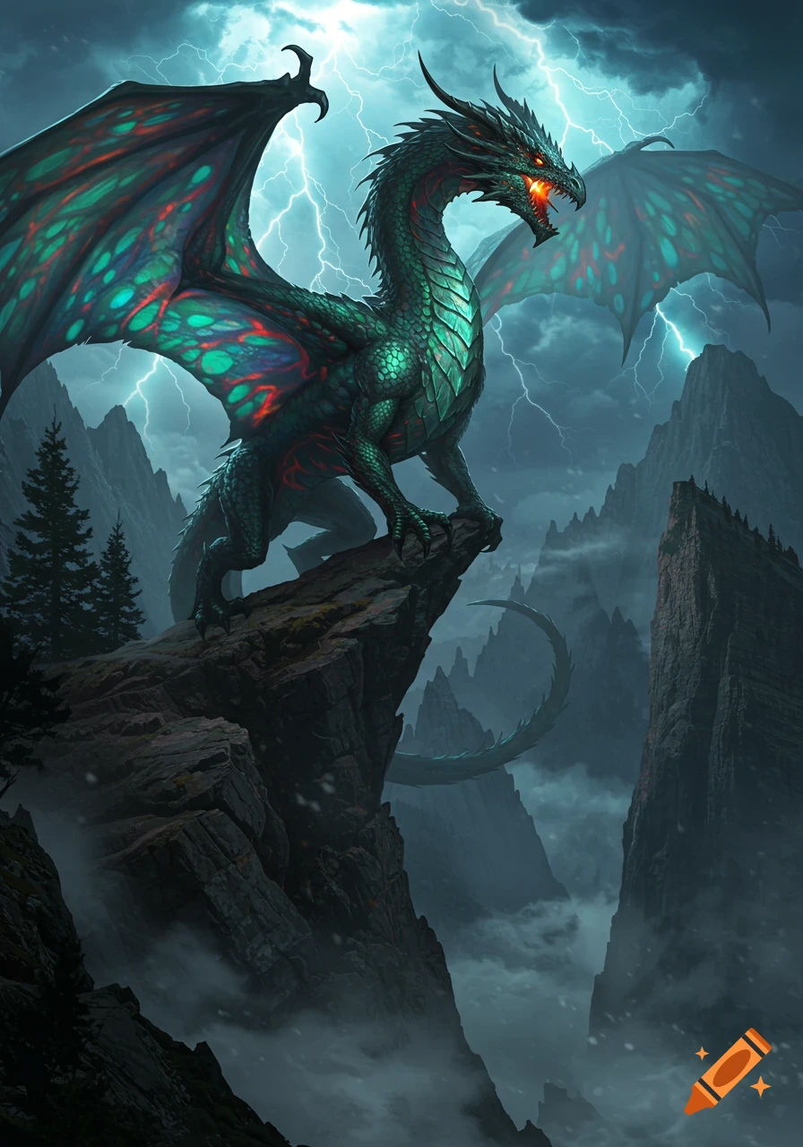 A majestic dark dragon guards a glowing golden treasure chest within a ...