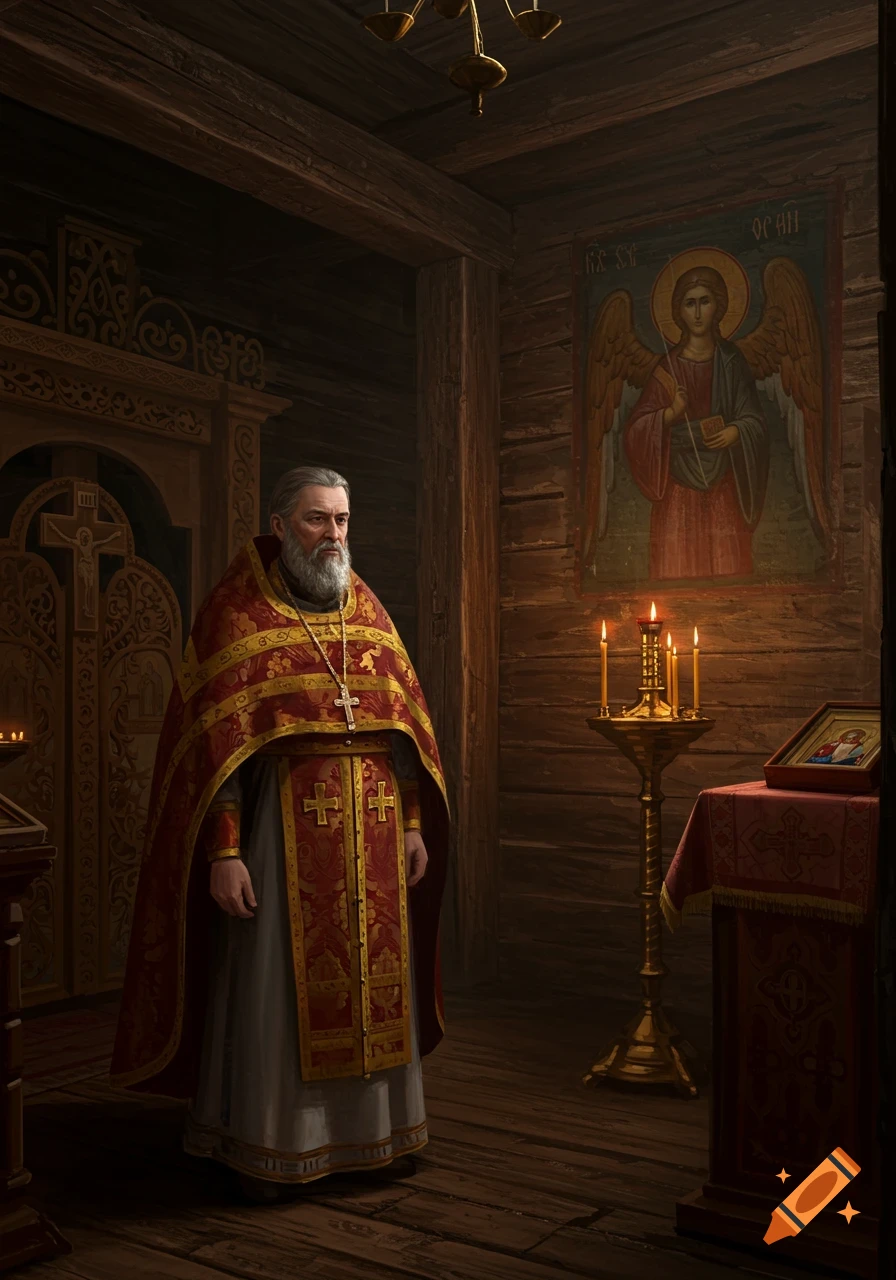 A photorealistic Russian Orthodox priest in red and gold vestments ...