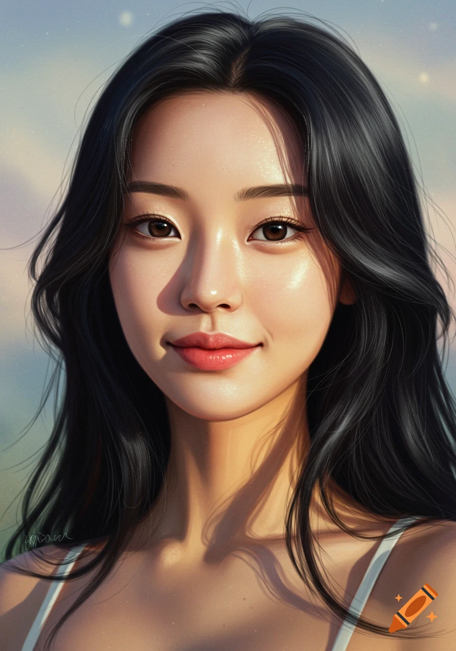 A photorealistic portrait of a smiling young woman with long dark hair and a floral top ...