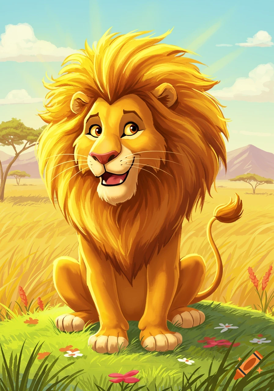 A cute cartoon lion with a colorful red, orange, and yellow petal mane ...