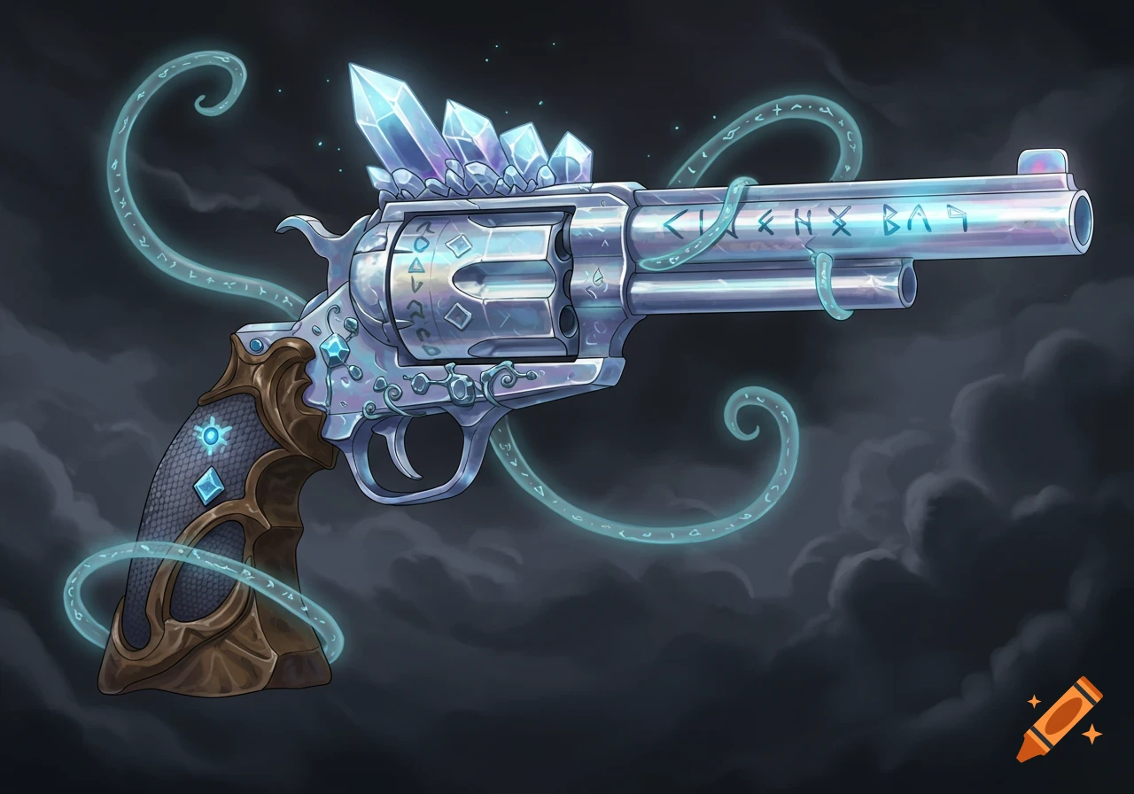 A detailed, ornate desalpunk pistol adorned with glowing blue crystals ...