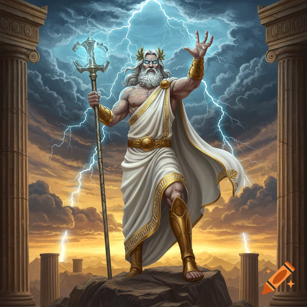 Zeus, the Greek god, stands on a rocky outcrop amidst ancient temple ...