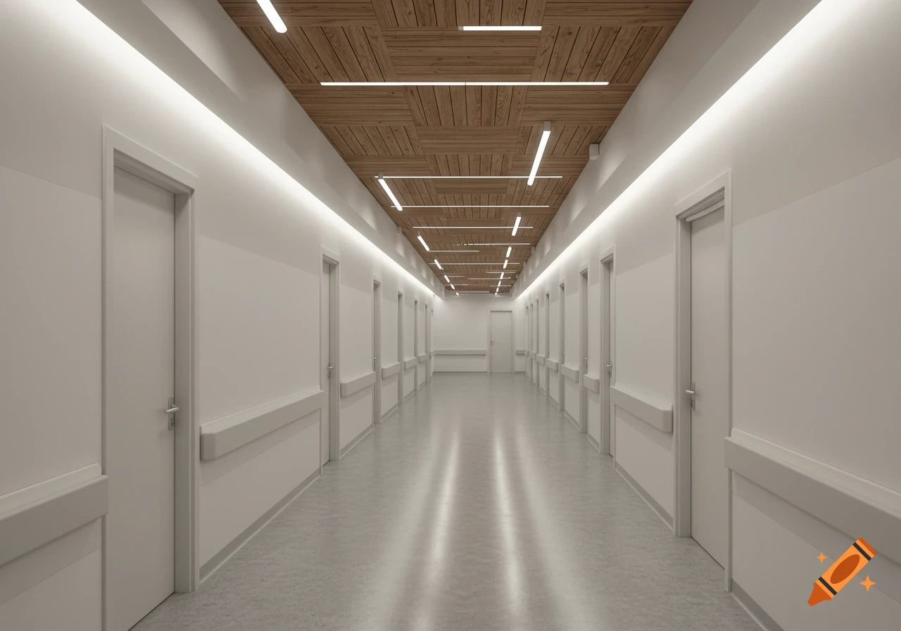 Photorealistic 3D render of a modern hospital corridor with white walls ...