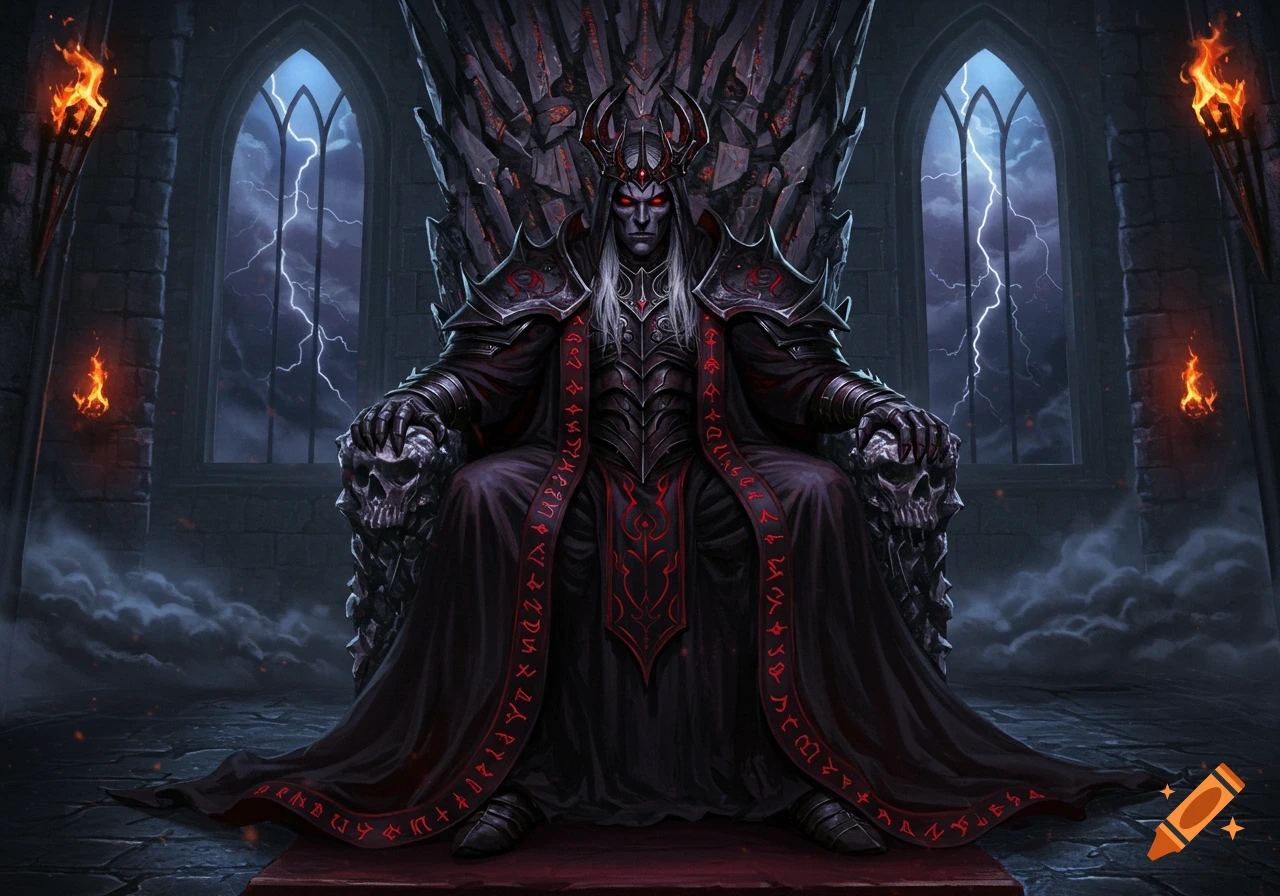 A dark king with glowing red eyes sits on a throne, while a red-haired ...