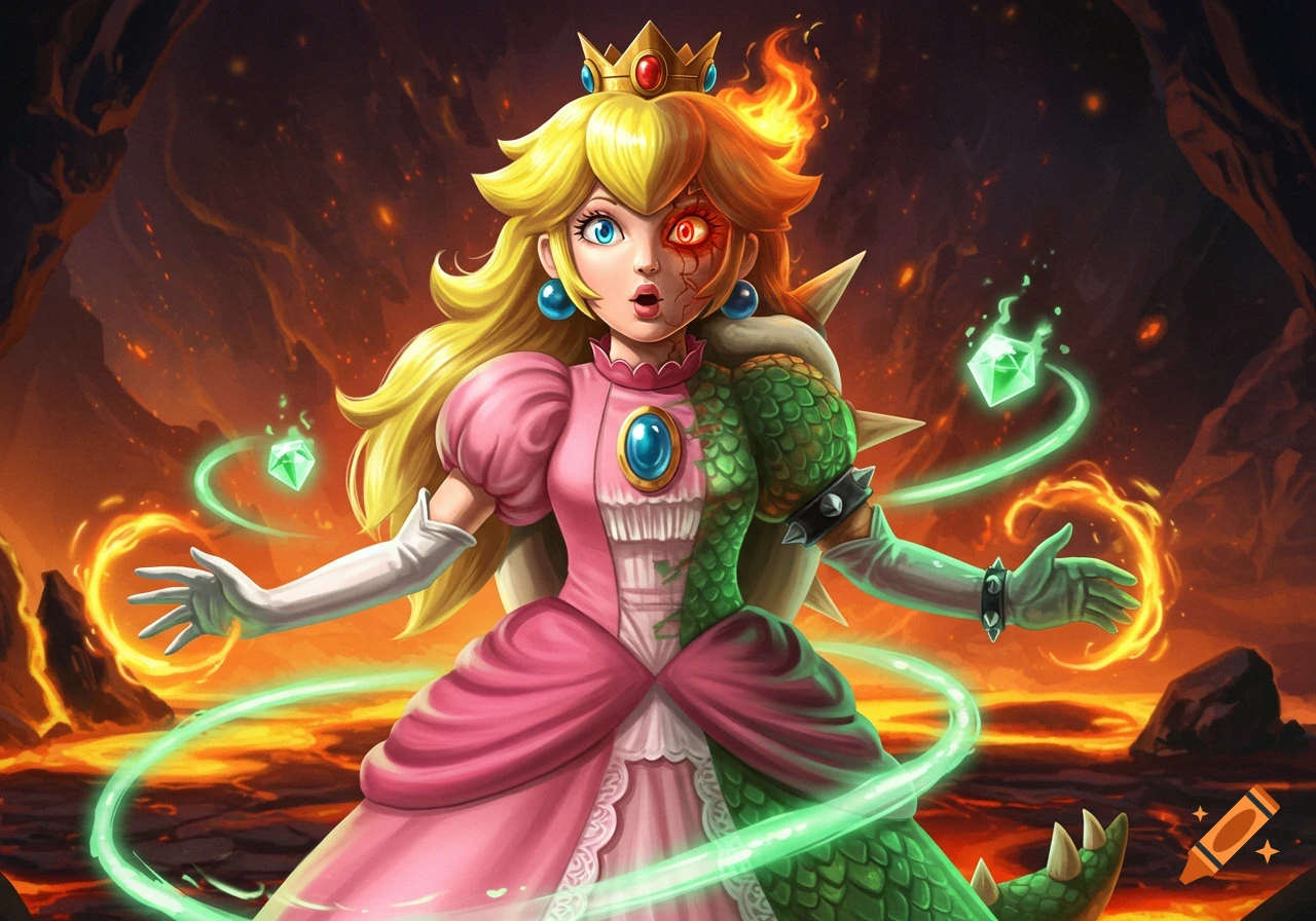Princess Peach in mid-transformation with Bowser's shell, claws, and ...