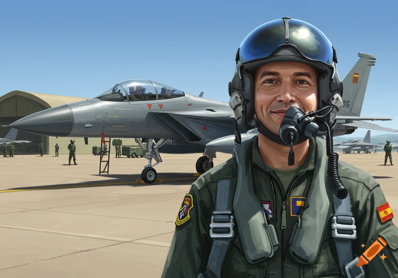 A smiling Spanish air force pilot in uniform and helmet stands in front ...