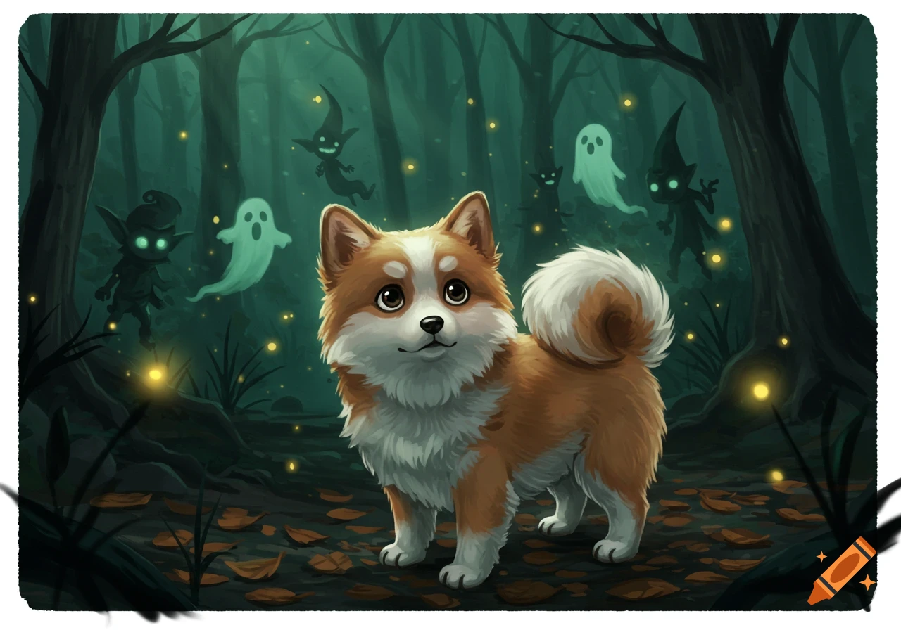 A cream-colored dog in a skeleton costume stands in a mystical forest ...