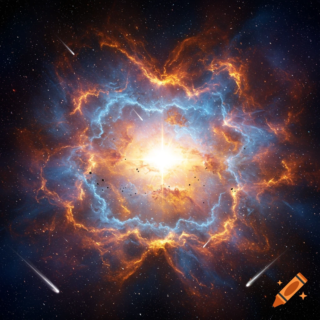 A vibrant cosmic explosion in deep space with glowing plasma and debris ...