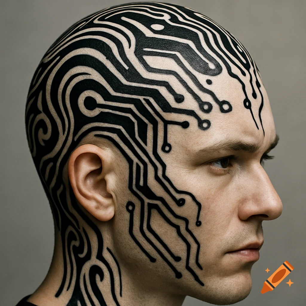 A close-up side profile of a person's head covered in intricate black ...