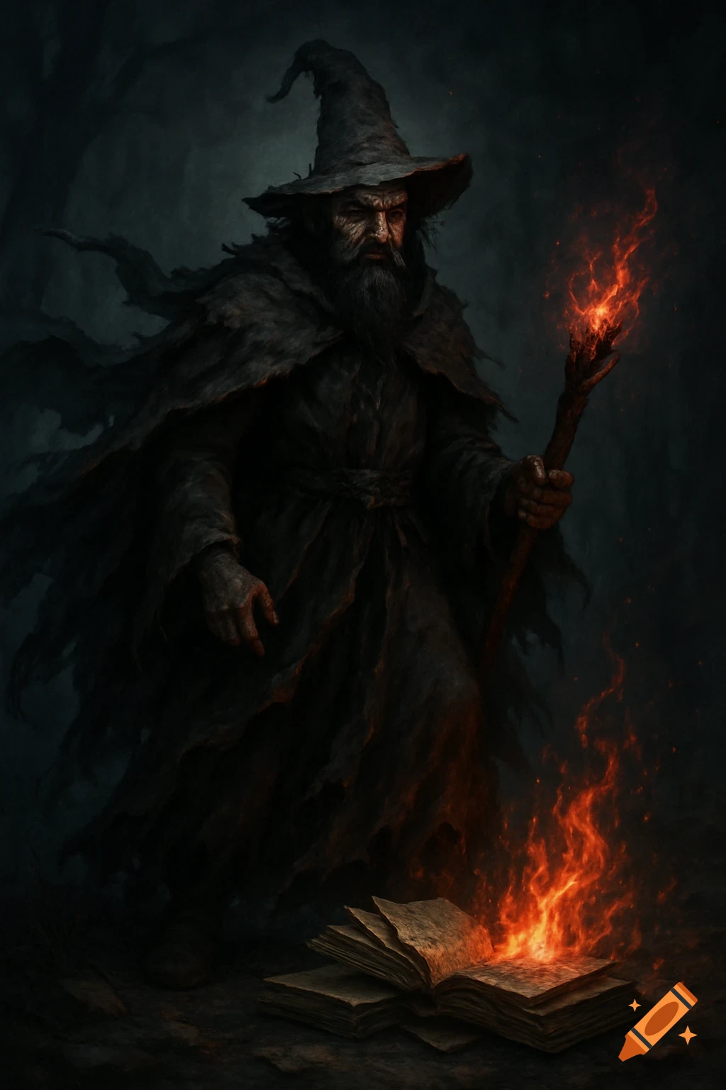 A somber, cloaked figure stands in a dark, moonlit forest, depicted as ...