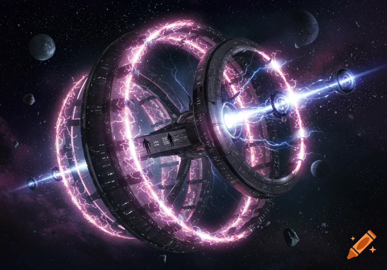 A futuristic ring-shaped spaceship glows with purple plasma and blue ...