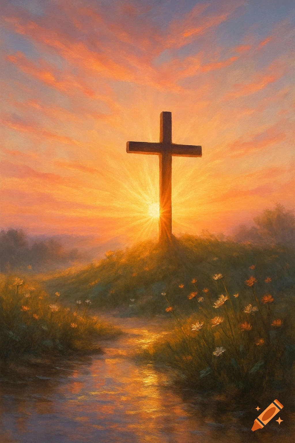 Watercolor painting of Jesus, seen from behind, walking out of an empty ...