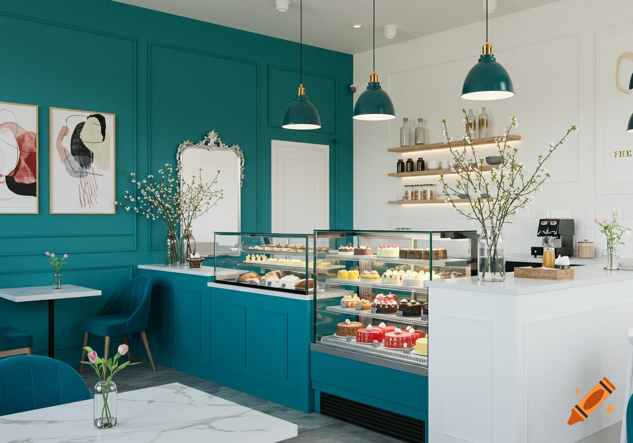 A photorealistic image of a sophisticated restaurant dining room with ...