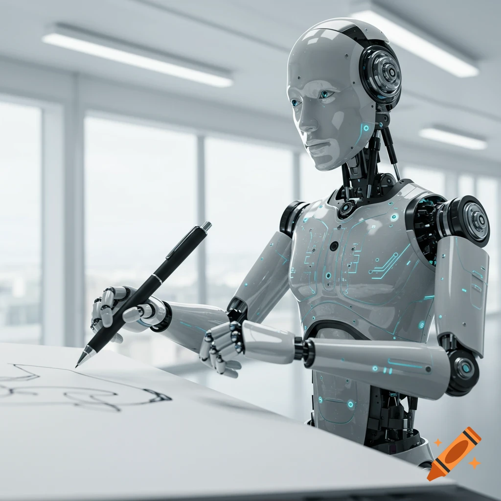 Humanoid robot looking at the table and holding pen on Craiyon