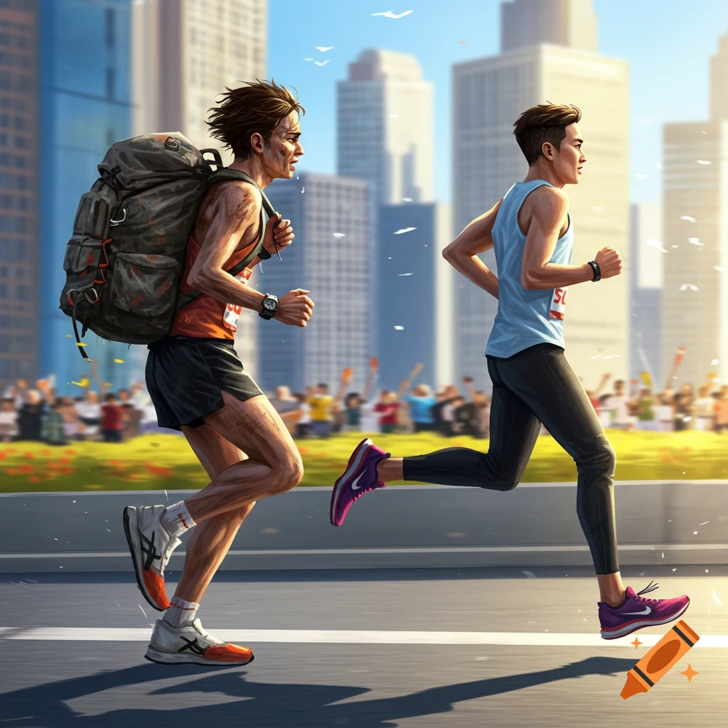 Lone runner on empty road at sunrise with golden and orange sky on Craiyon