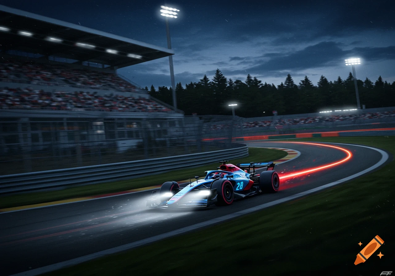 A neon purple race car with glowing outlines of characters and the ...