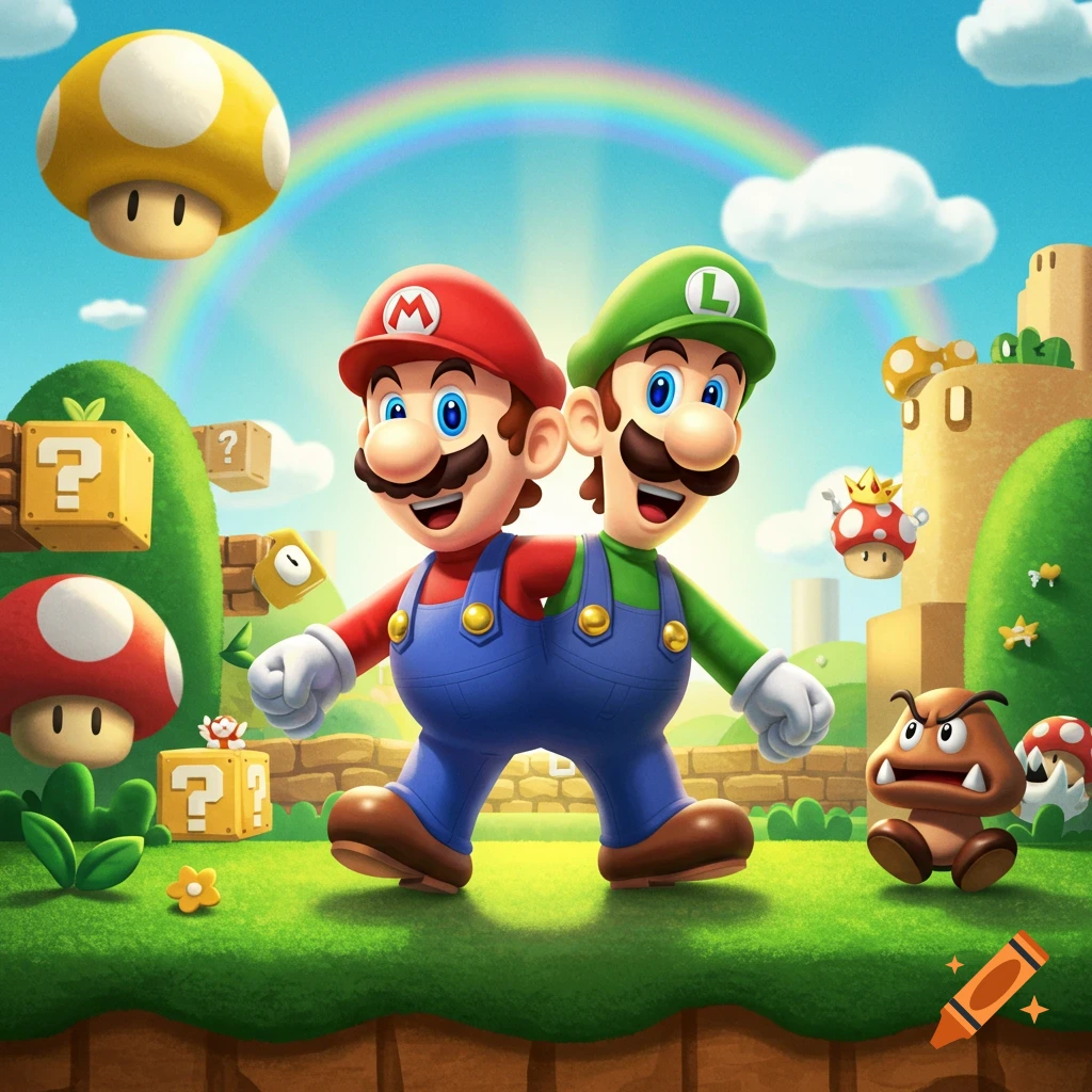 Mario holds a sparkling question block while Luigi points in a vibrant ...