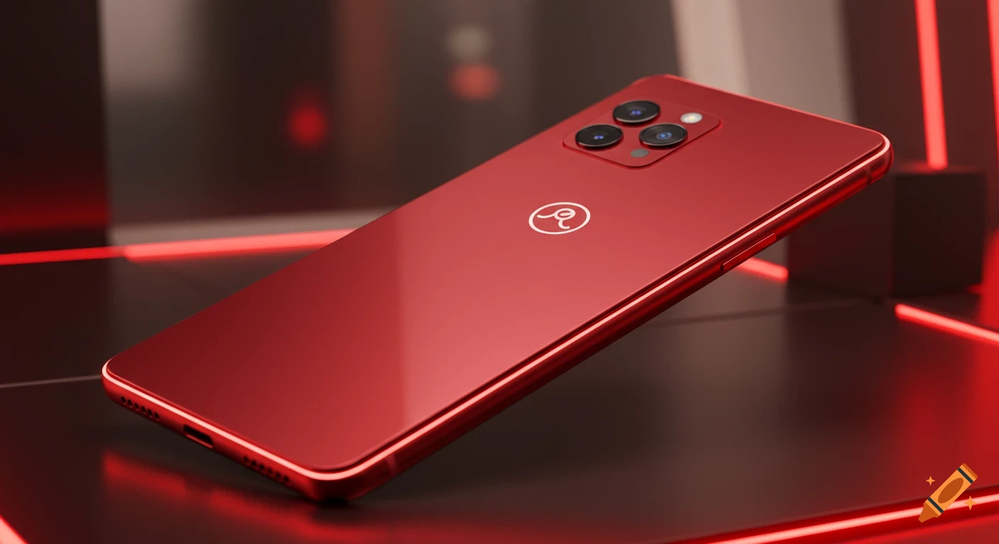 A sleek red smartphone with multiple camera lenses and a white logo on ...