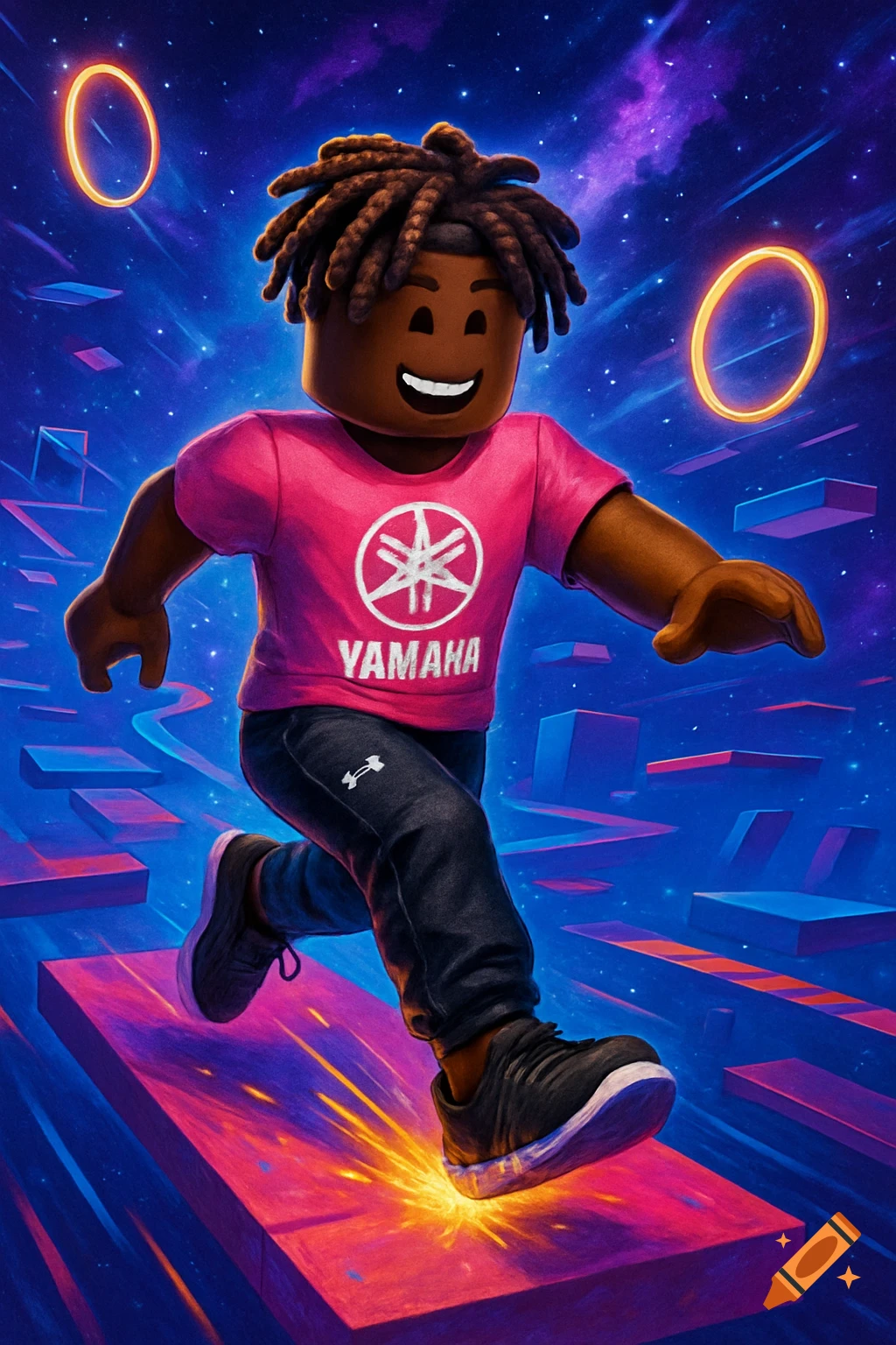A vibrant Roblox avatar with dreadlocks runs on a glowing platform in a ...