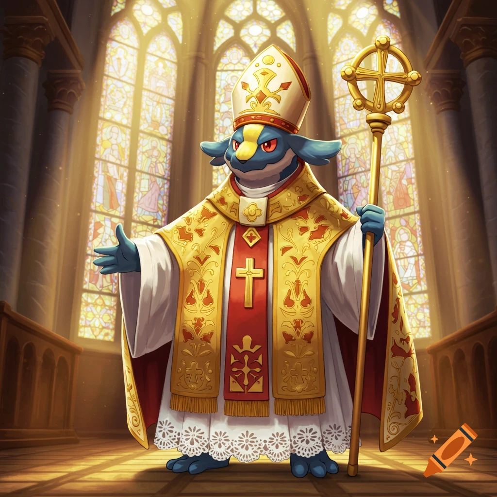 A white lamb dressed as a priest in a purple and gold robe stands in a ...