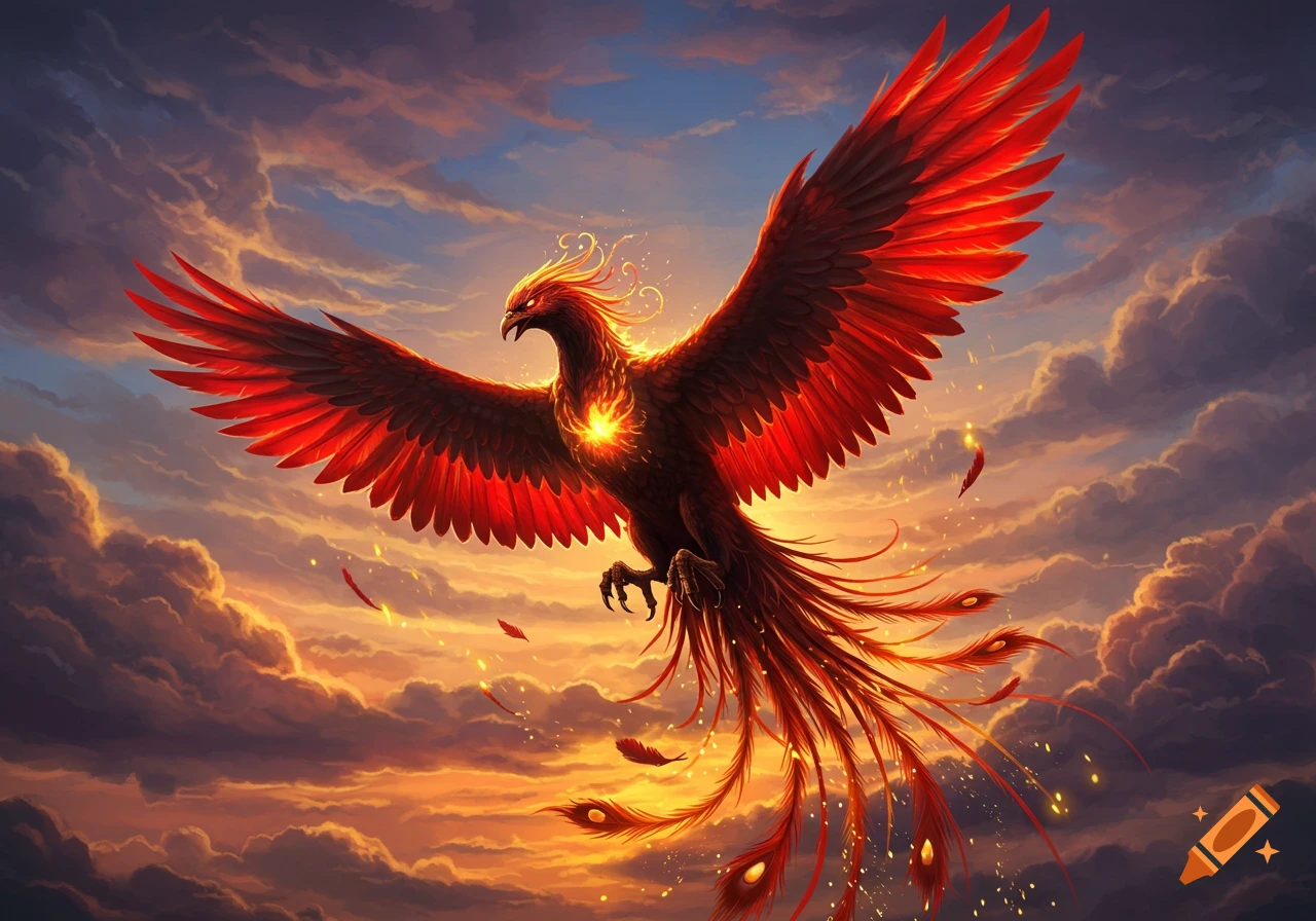 A majestic crane with widespread wings stands in a desolate, fiery ...
