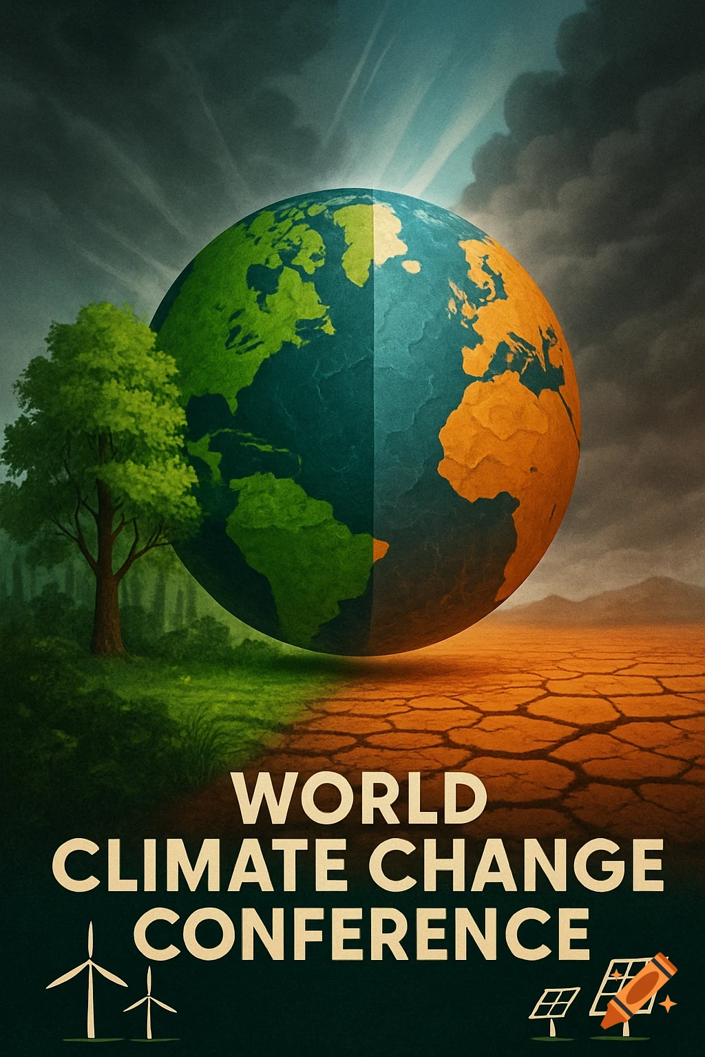 A poster showing Earth split between a lush green side and a dry ...