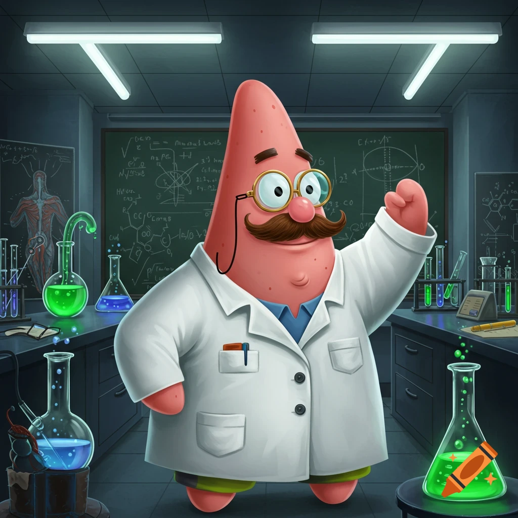 Cartoon Patrick Star, with a mustache and monocle, wearing a lab coat ...
