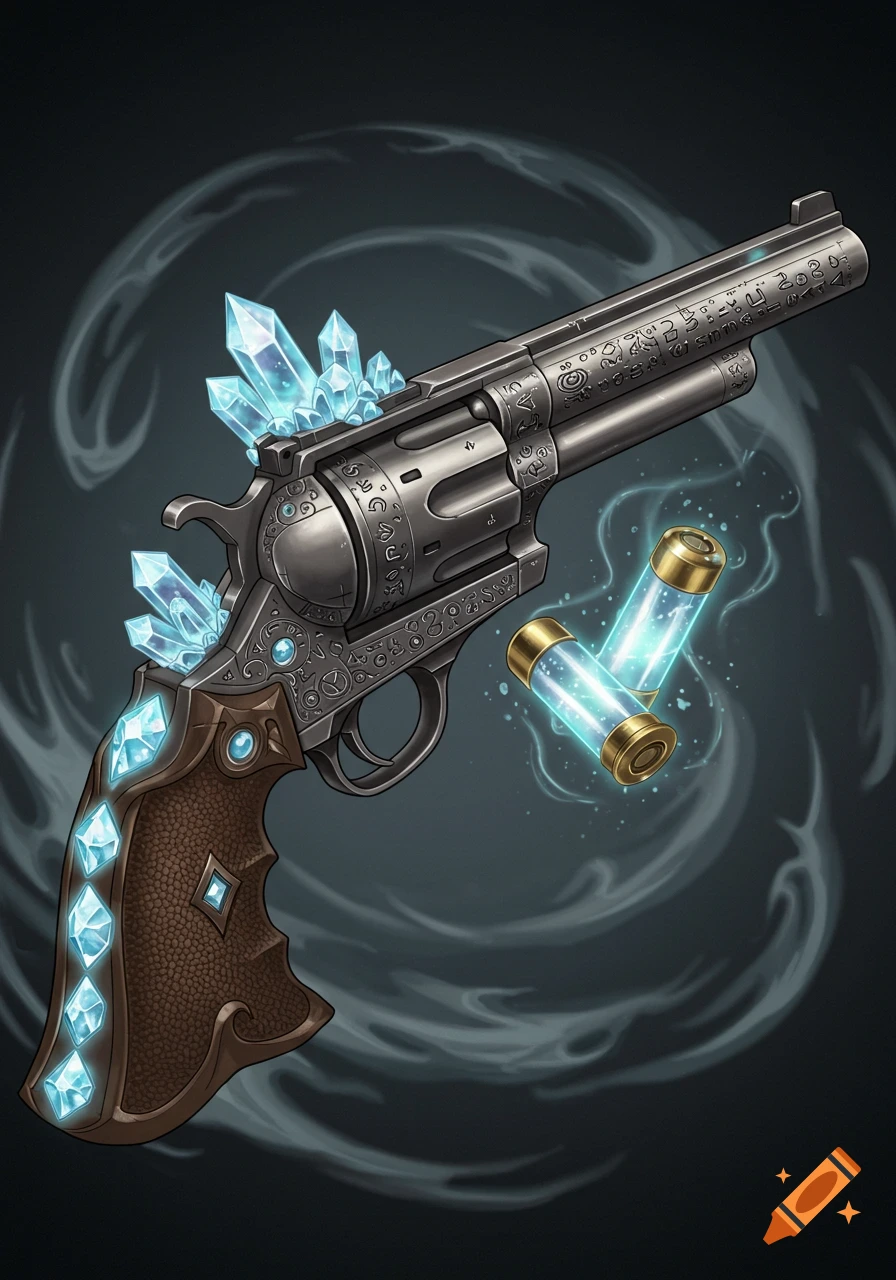 A detailed, ornate desalpunk pistol adorned with glowing blue crystals ...
