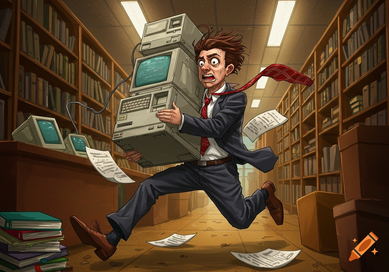 Illustration of two men, one in a suit writing on a laptop in warm ...