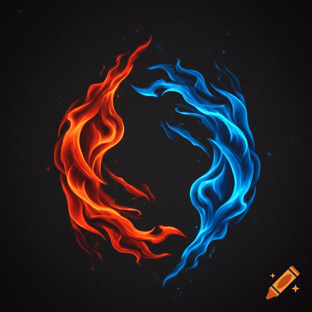 Two swirling flames, one red and one blue, intertwine against a dark ...