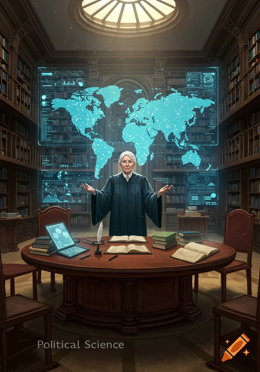 An older academic in a robe stands in a grand library before a ...