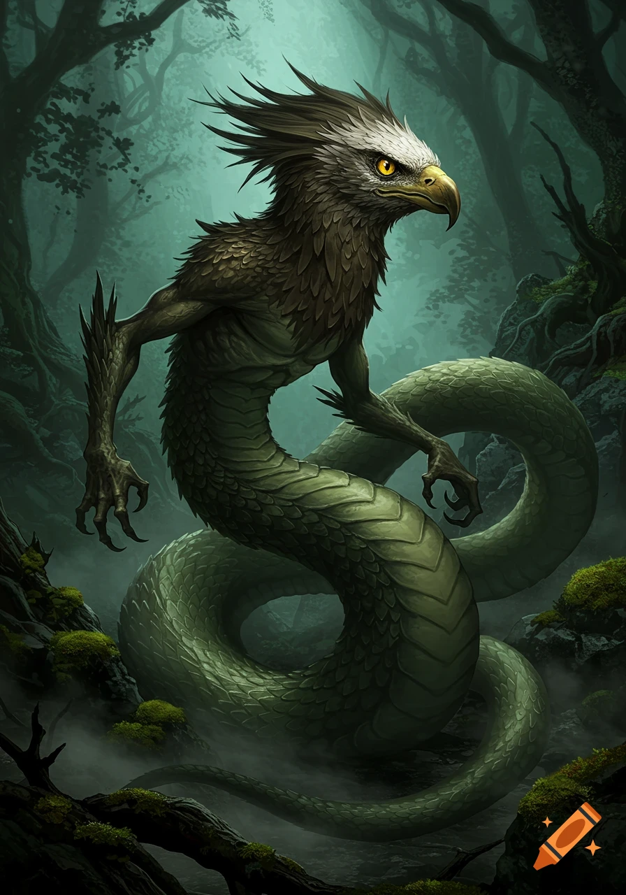 A vibrant green and blue coiled basilisk with glowing orange eyes in ...