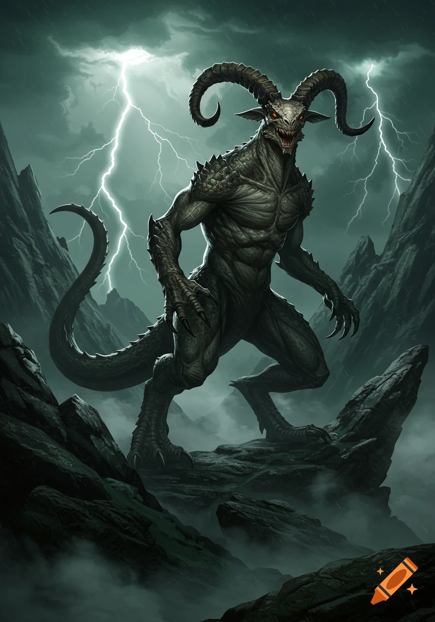 A scaly, horned monster with red eyes and sharp teeth stands on rocks ...