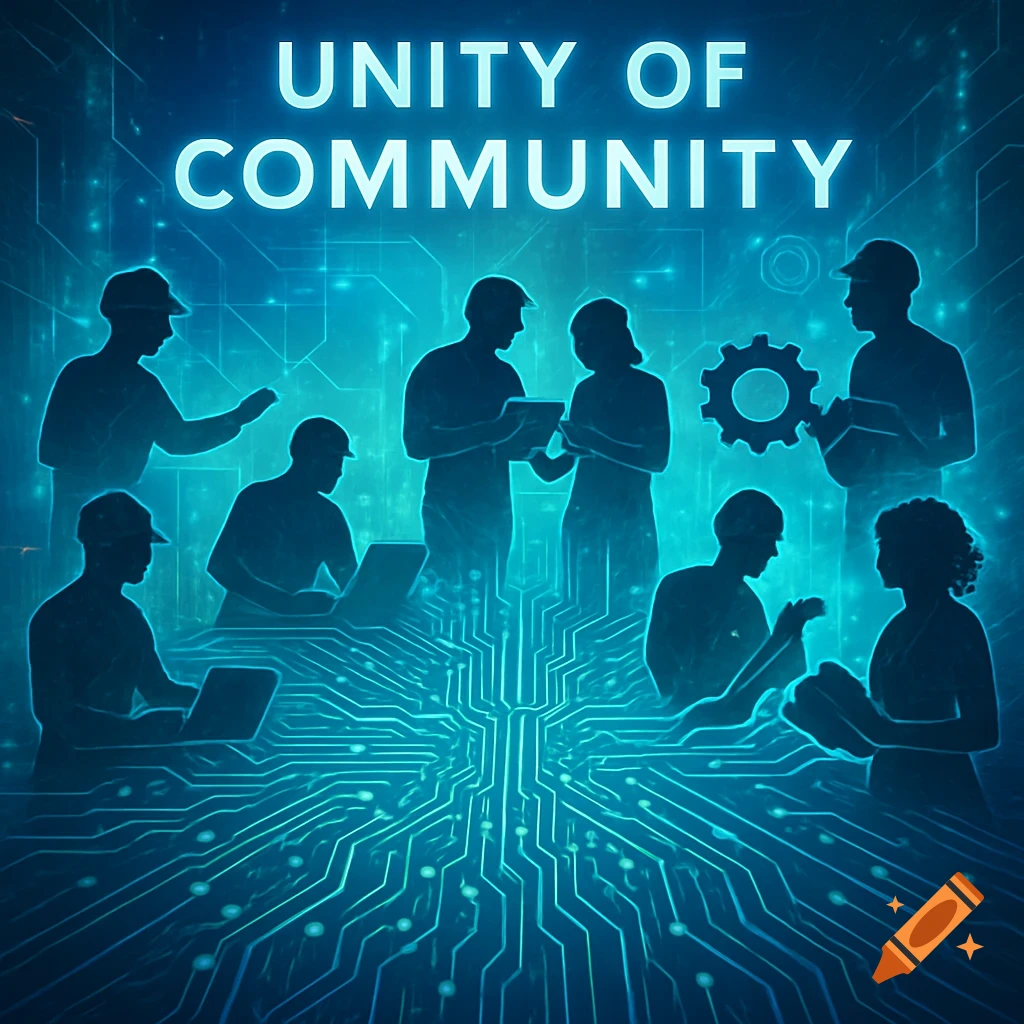 Silhouettes of people working and interacting on a glowing blue circuit ...