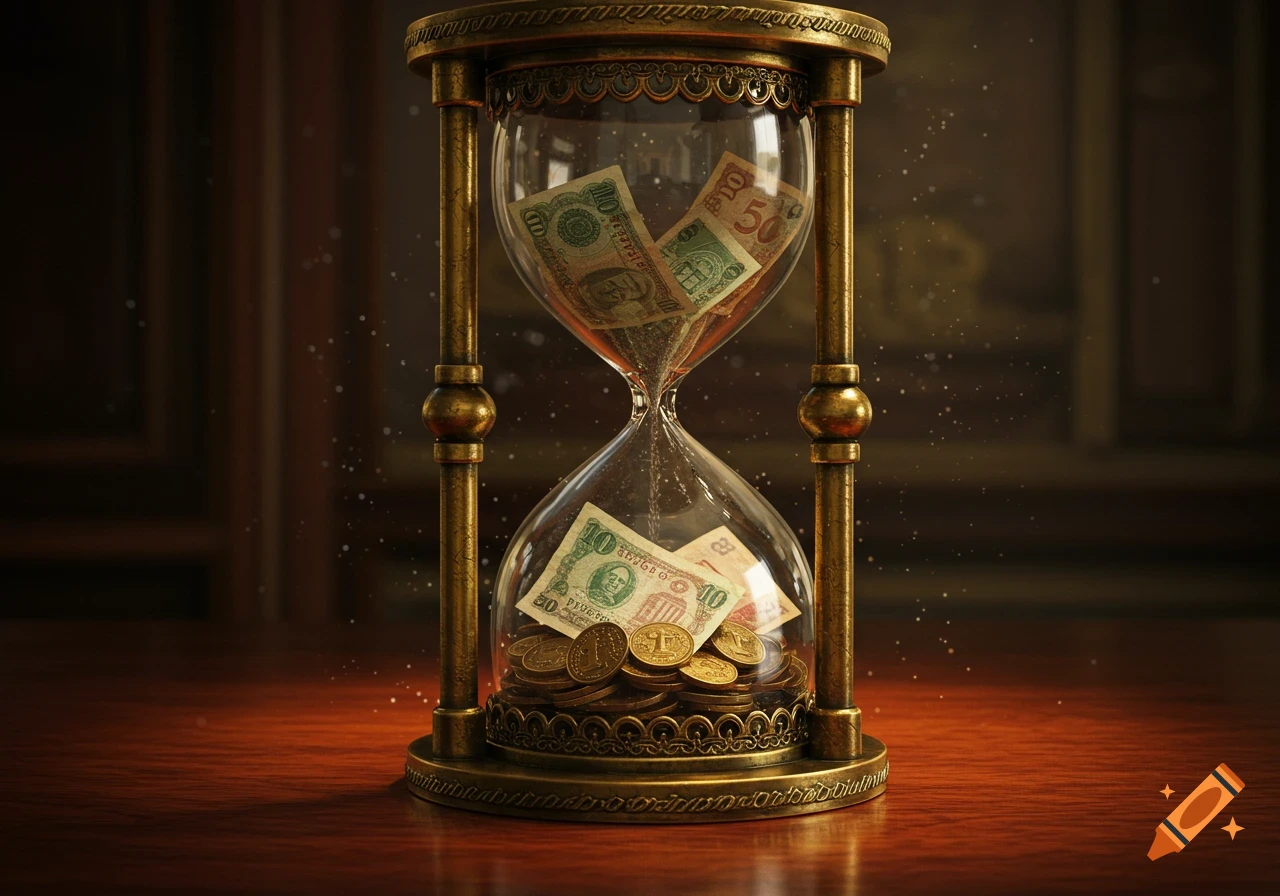 Close-up of a brass key and several silver coins resting on a textured ...