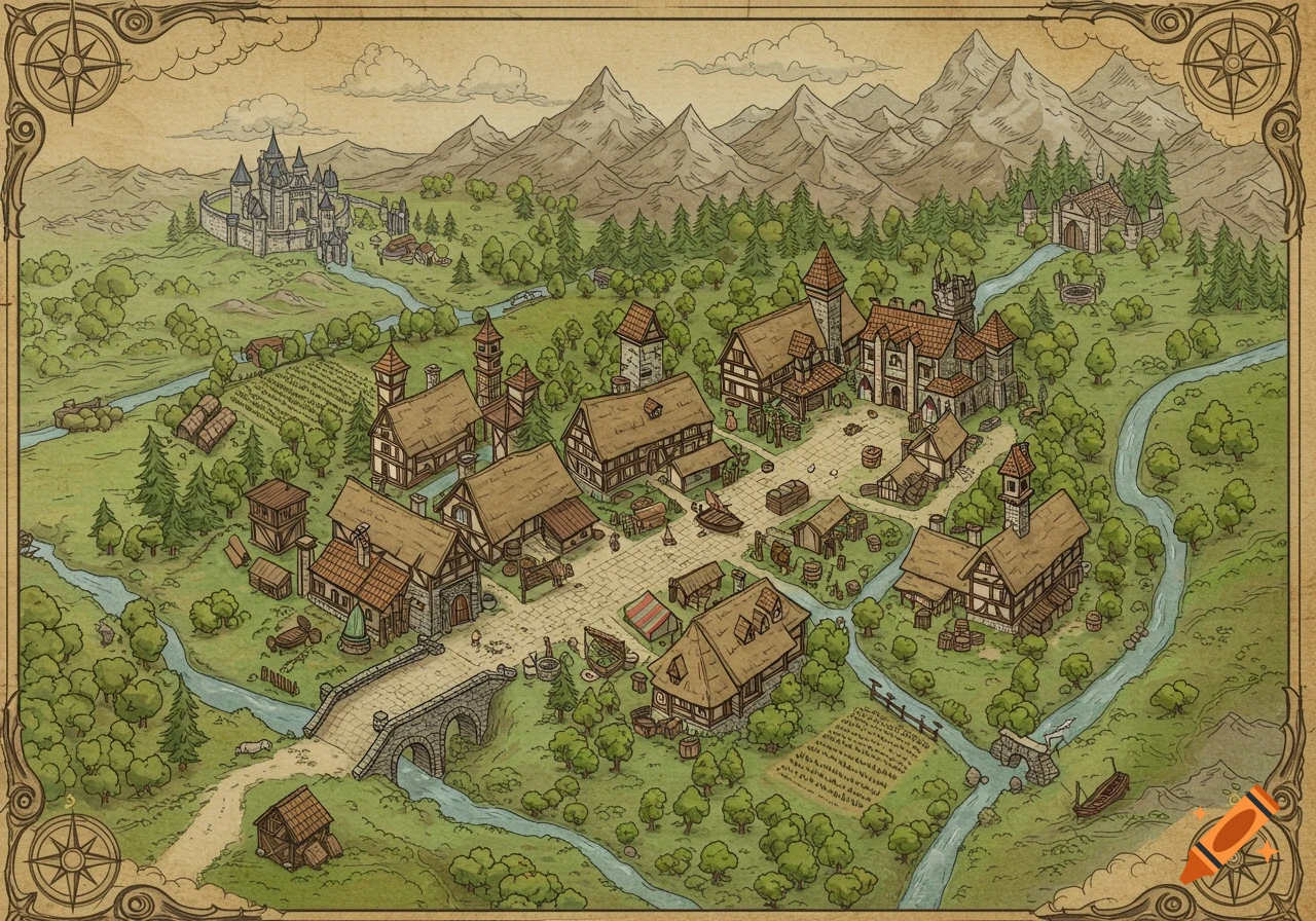 Isometric fantasy map in hand-drawn style depicting a dense forest with ...